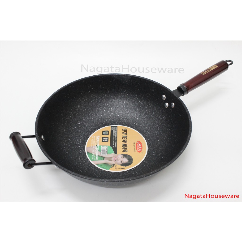 Jual Teflon Panci Wok Pan 34cm Besi Baja Pegangan Kayu XYT-8 Barang ...