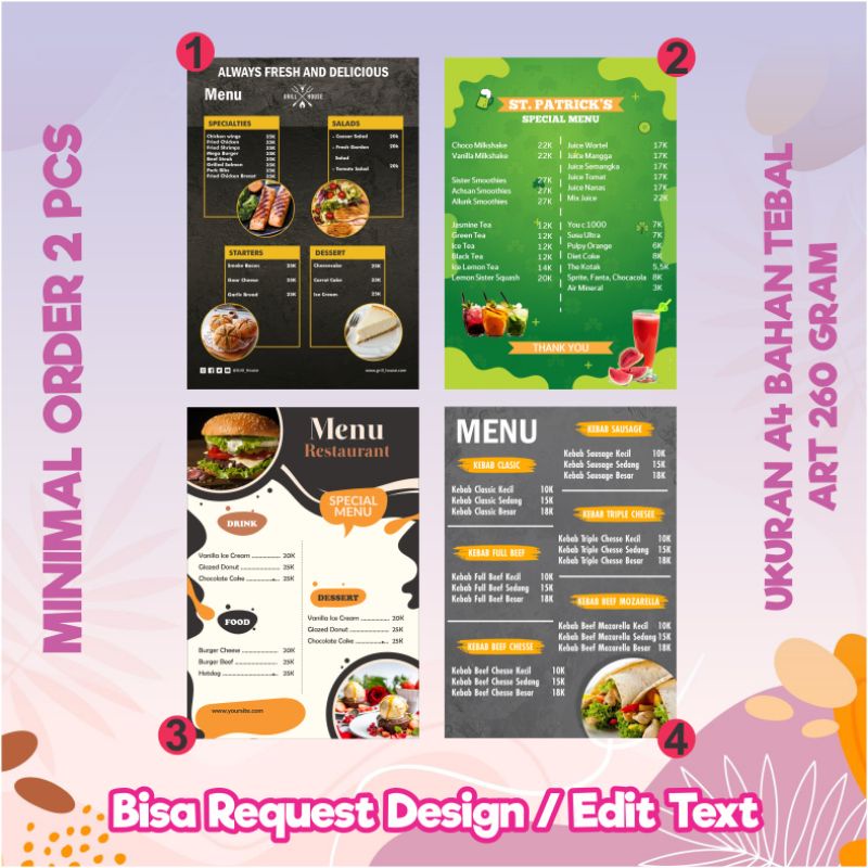 Jual Cetak Menu Makanan Kuliner A4 Boba Seblak Baso Mie Ayam Resto ...