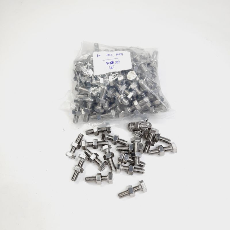 Jual Baut + Mur Hex Bolt + Nut Stainless SS 304 M 8 X 30 mm (Per Set) | Shopee Indonesia