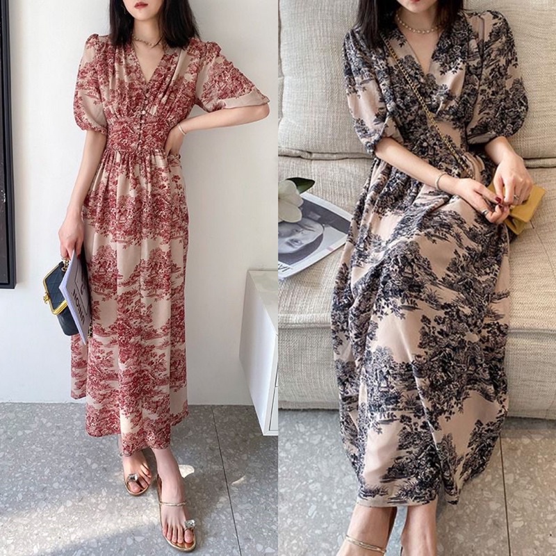 Jual Yesung Dress Korean Vintage Bohemian Maroon Black V Neck Midi ...