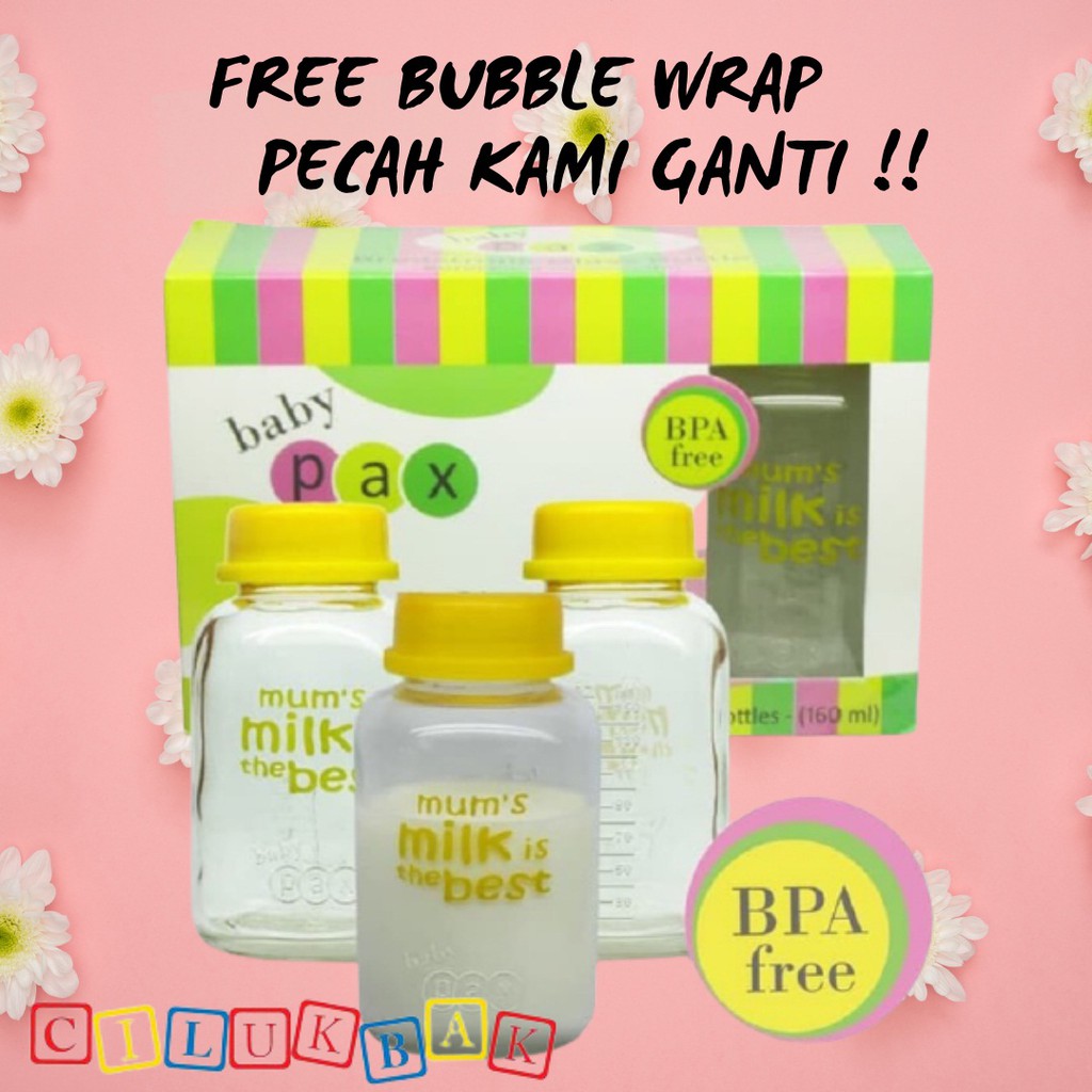 Jual Botol asi kaca asip baby pax babypax 150ml 3pcs free bubble | Shopee Indonesia