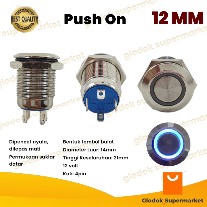 Jual Switch Metal 12mm Push On 4 Pin Saklar Lampu Stainless 12 mm LED ...