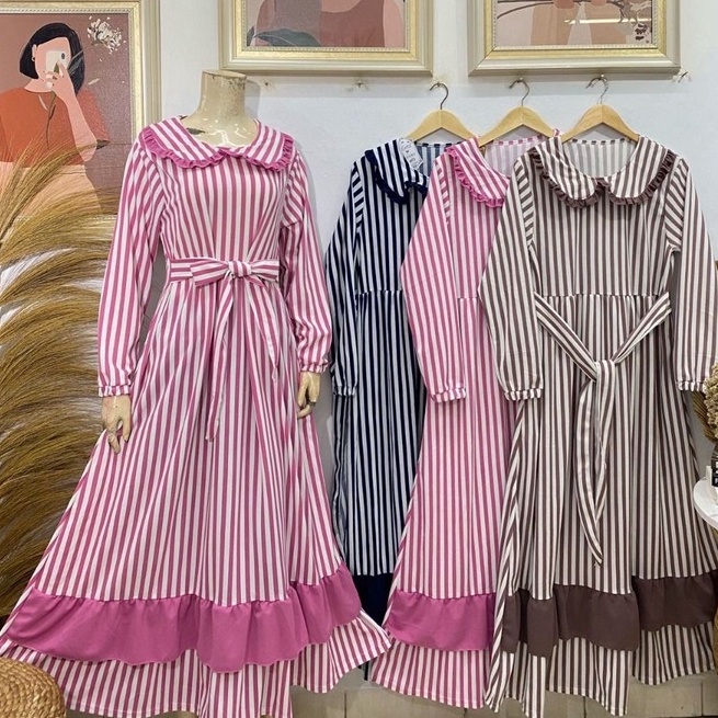 Jual Gamis rempel 2 susun kerah korea motif salur lengan karet wudhu ...