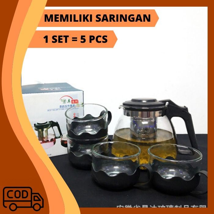 Jual TEA POT SET 5 IN 1 BAHAN KACA TEKO SARINGAN TEH DAN GELAS CANGKIR ...