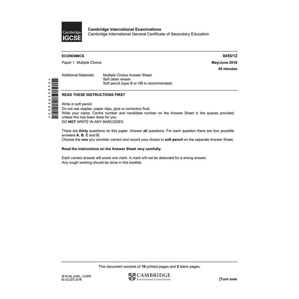 Jual Igcse Economics 0455 May/June Past Papers And Mark Schemes 2009 ...