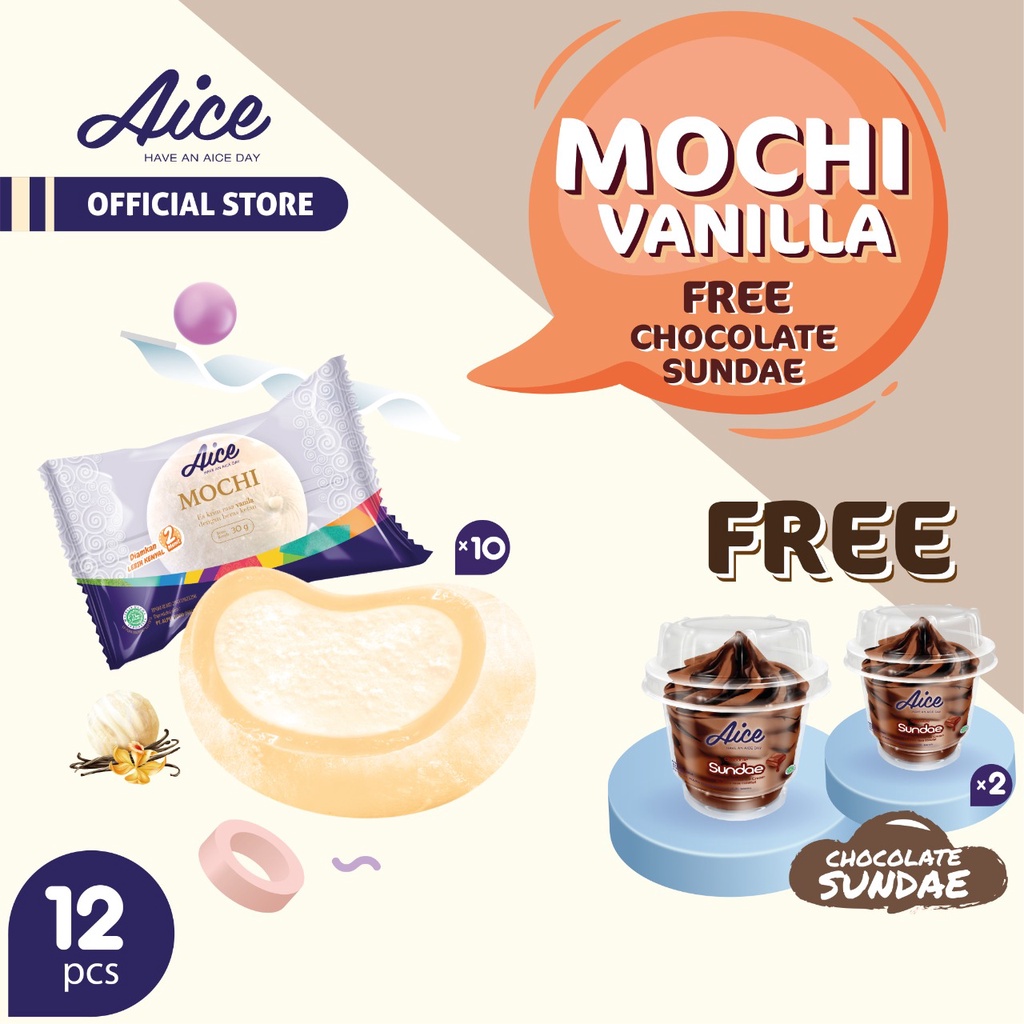 Jual Paket Aice Ice Cream Mochi Vanilla free Chocolate Sundae 12 pcs ...