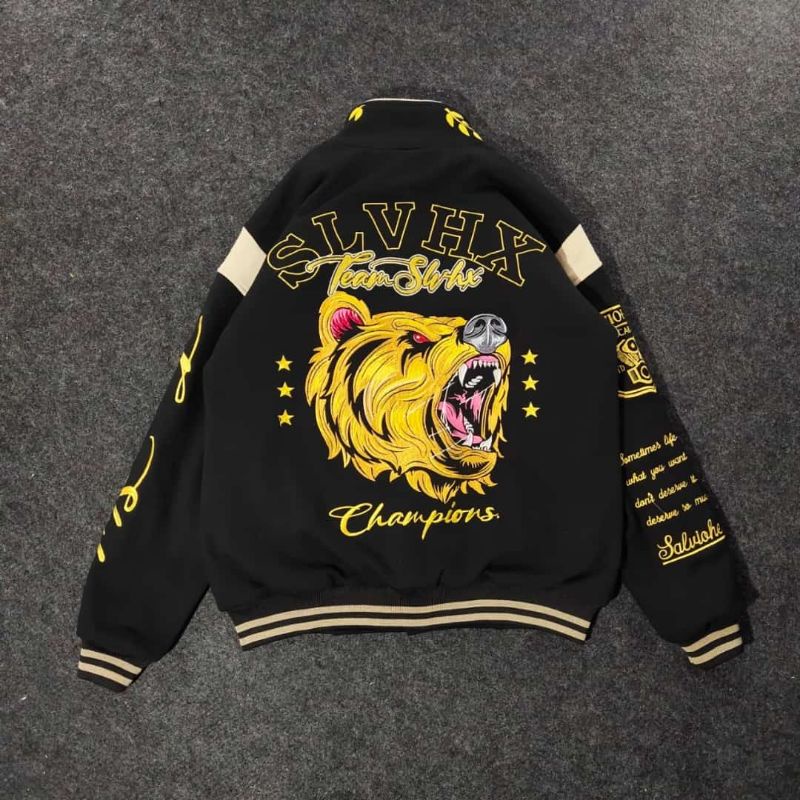 Jual Varsity Jacket HITAM GOLDEN BEAR Jaket Varsity Pria Premium HITAM ...