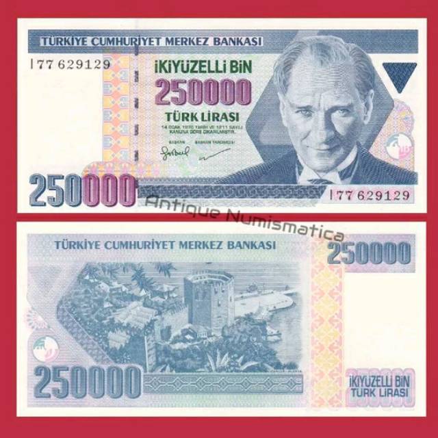 Jual UANG TURKI TURKEY 250000 LIRA 1970-98 P201 UNC BANKNOTE NOMINAL ...