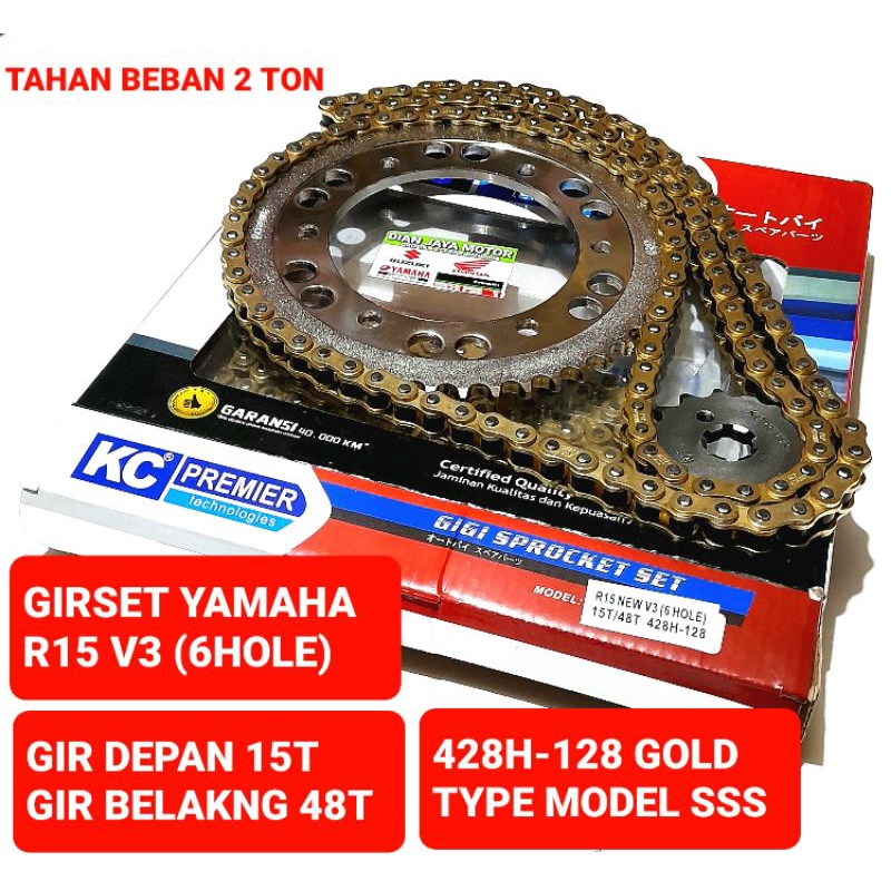 Jual ( KCP) Girset kc Premier Yamaha R15 New V3 (6 HOLE) 15T/48T/428H-128 Rantai gold sss Baja ...