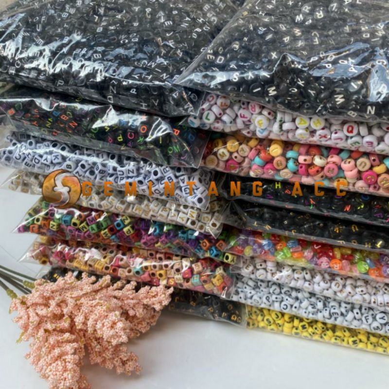 Jual (1 Pon) Mote Huruf Bulat Pipih Manik Alfabet Mute Huruf Kotak Dadu ...