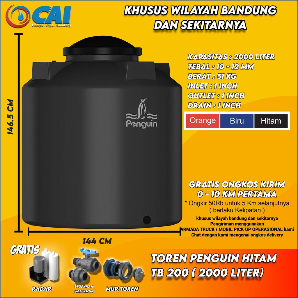 Jual TOREN TANGKI AIR - PENGUIN - TB200 - 2000 LITER - HITAM | Shopee ...