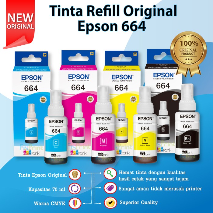 Jual Tinta Printer Epson 664 Original 70ml 1 SET WARNA T6641 T6642 T6643 T6644 Black Cyan ...