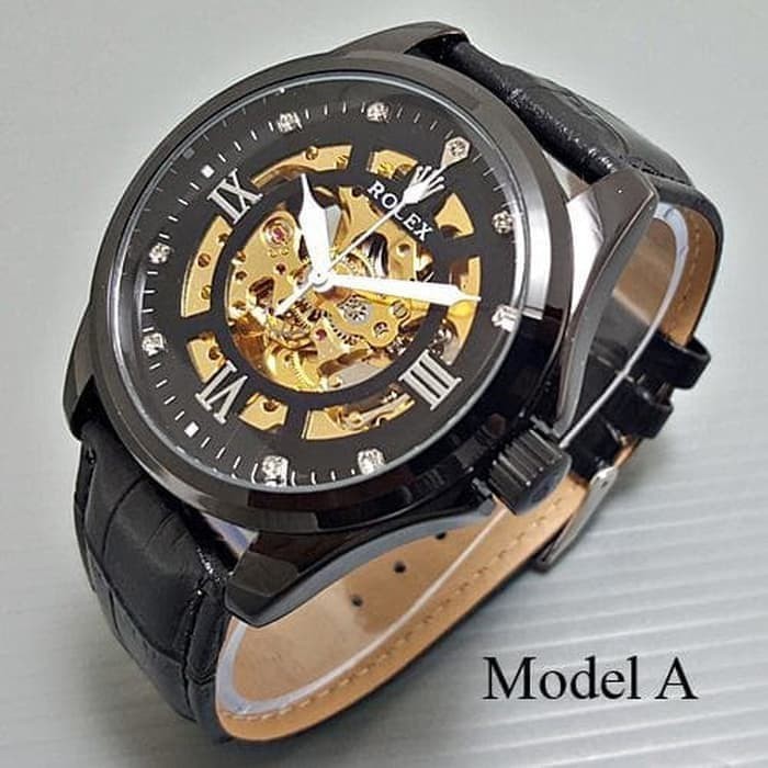 Jual Jam Tangan Pria Rolex Automatic Full Black Tali Kulit Hitam Tanpa ...