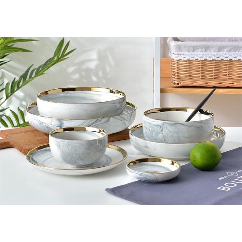 Jual Piring Marble Grey Gold Rim Mangkok Marble Grey Piring Saji Marble Grey Piring Mewah ...