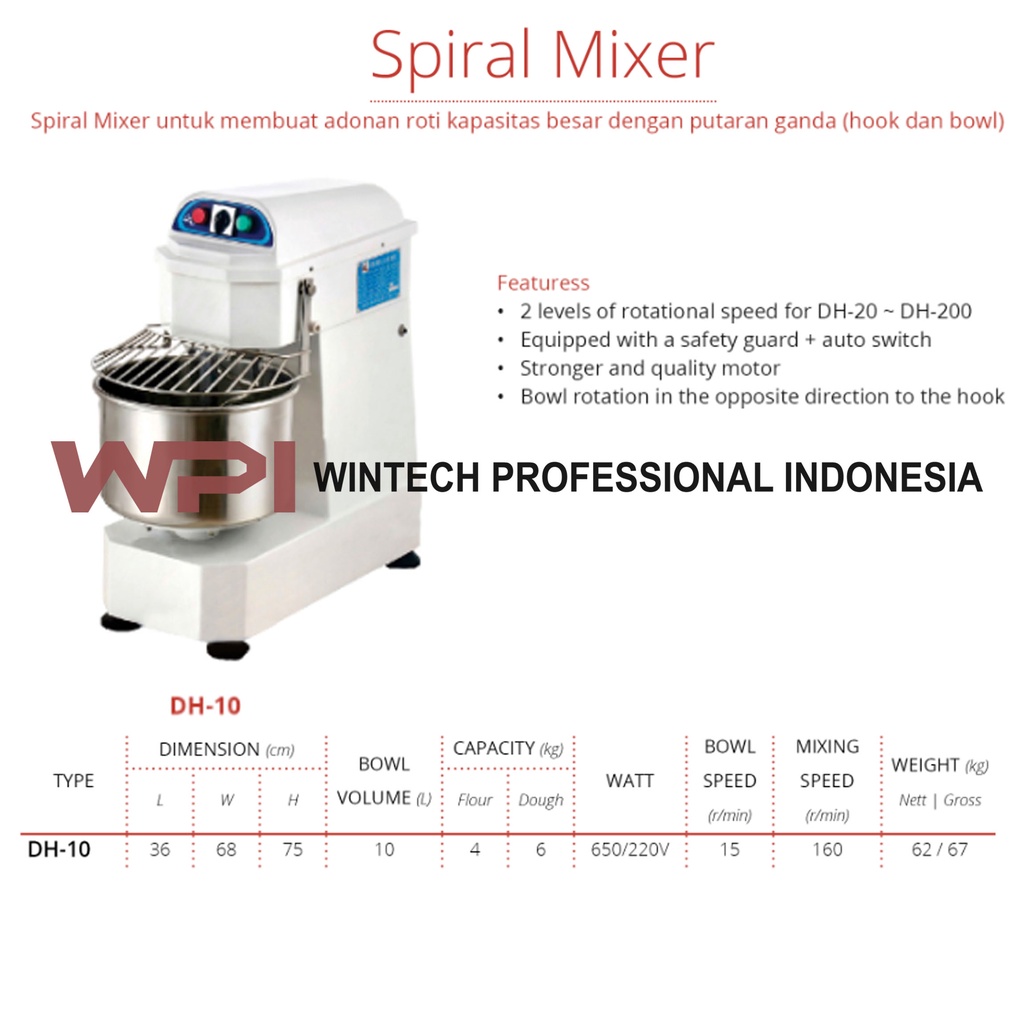 Jual Getra DH-10 Spiral Mixer 10 Liter Pengaduk Adonan Roti Kapasitas ...
