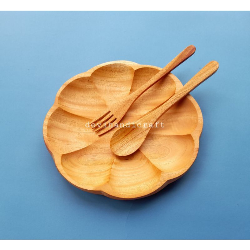 Jual piring kayu/piring makan/piring saji semanggi 20cm set sendok ...