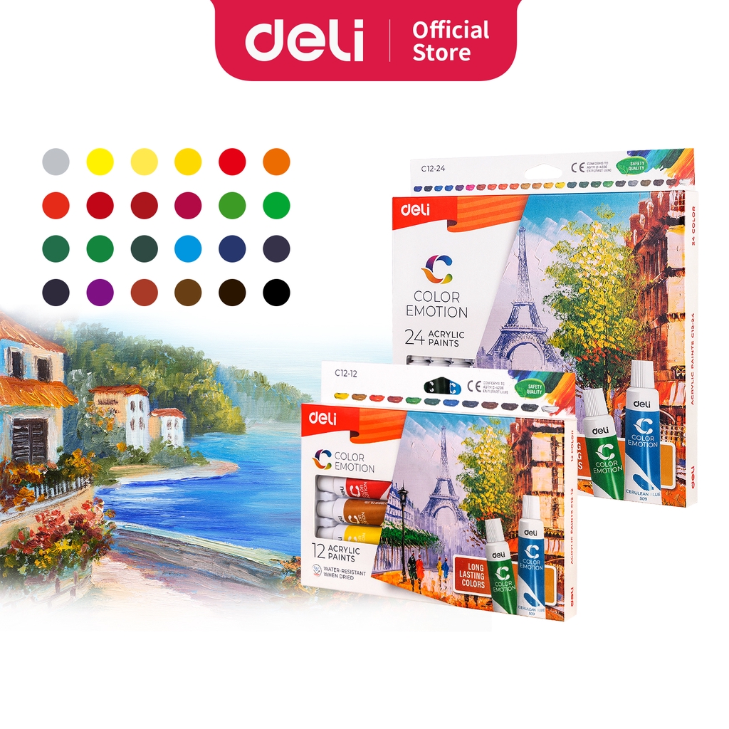 Jual Deli Acrylic Paint / Cat Akrilik 12/24 Warna, Kemasan Kotak 12ml ...