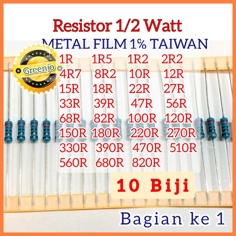 Jual x10 Resistor TAIWAN 1/2Watt 1R ~ 820R Metal Film 1℅ ( Bagian ke 1 ) 1/2W 1/2 Watt 4R7 10R ...