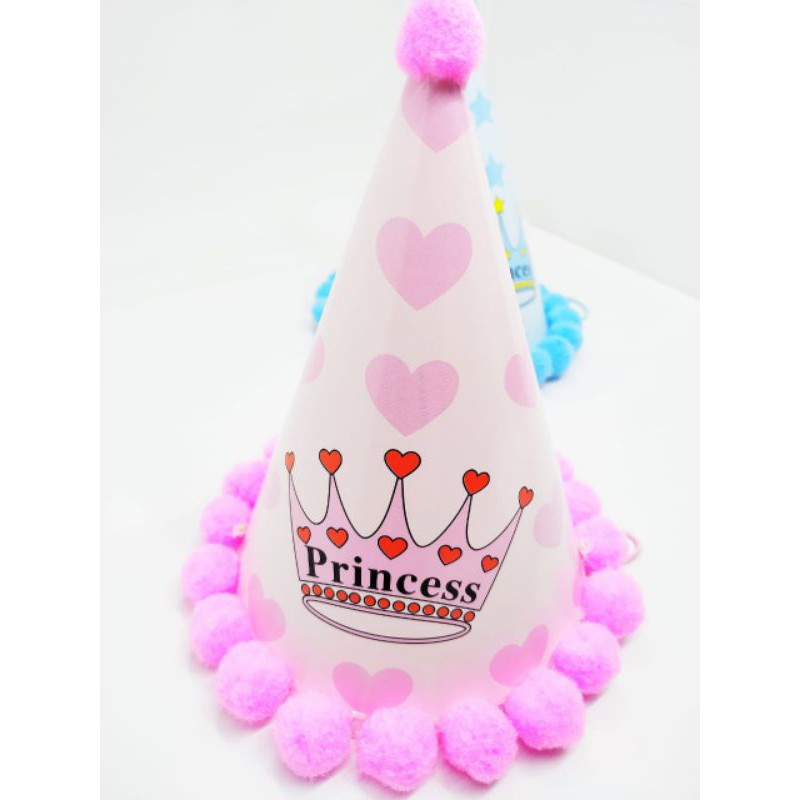 Jual TOPI ULANG TAHUN KERUCUT HBD POMPOM PRINCE PRINCESS 45 / TOPI ...