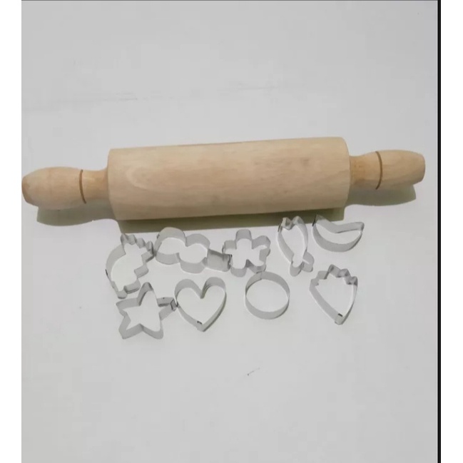 Jual 1 set roling pin/ roling kayu plus 9 cetakan kue kering murah ...