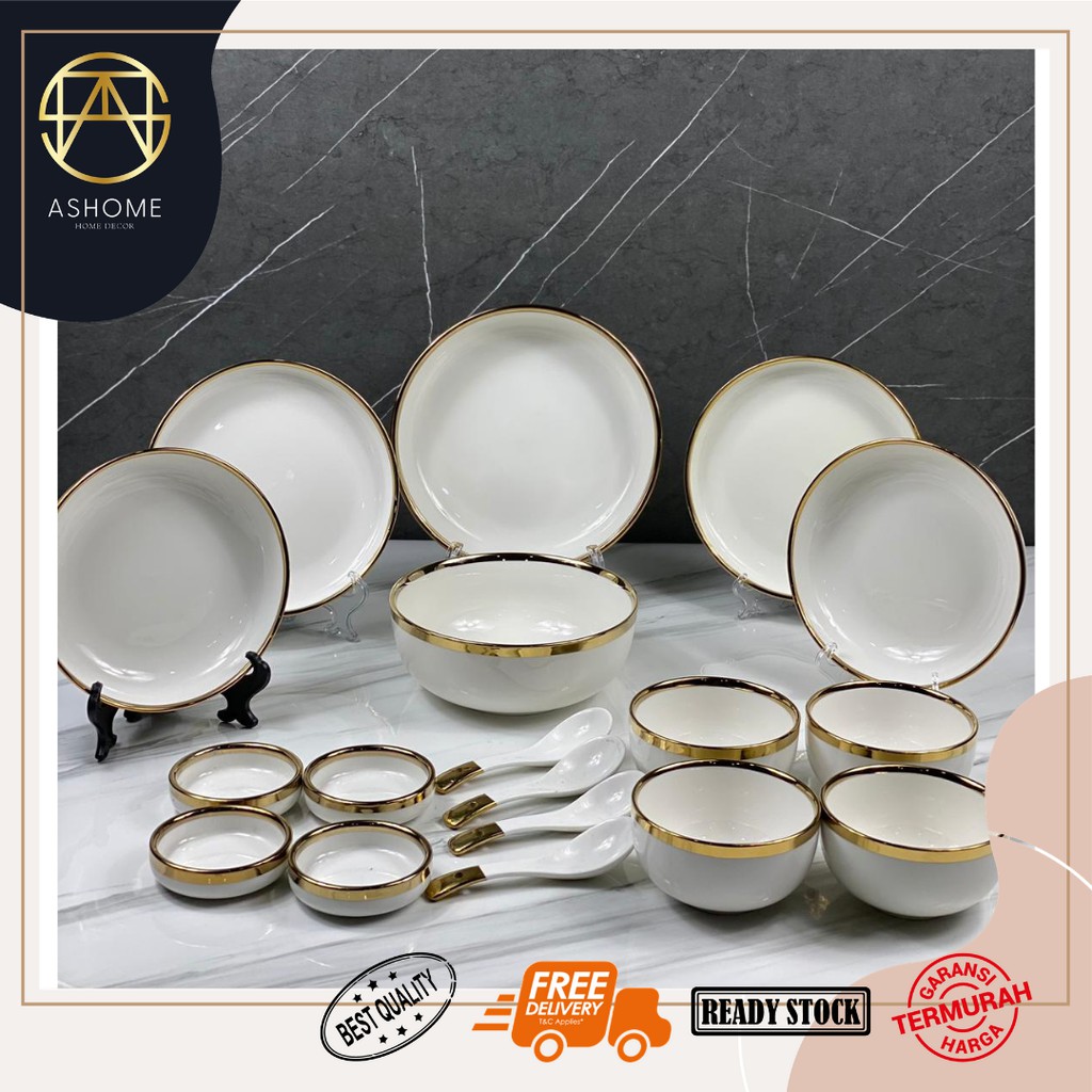 Jual ASHOME Piring Set 4 Orang Piring Makan Set Keramik Putih Gold Isi ...
