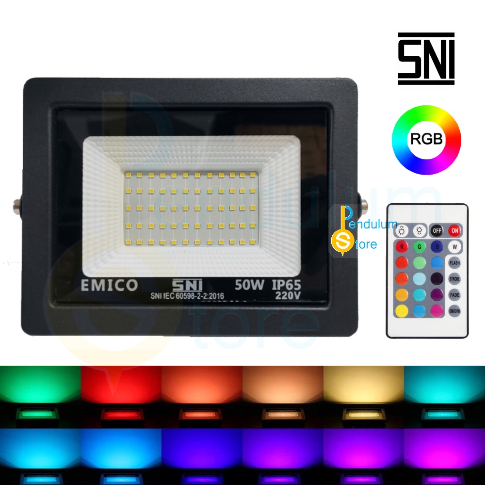 Jual Lampu Sorot Emico 50 watt RGB Remote LED SMD SNI Waterproof IP65 Lampu Tembak Floodlight ...