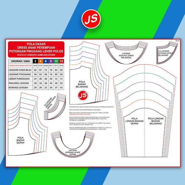 Jual Pola Jiplak Dasar Dress Anak Perempuan Potongan Pinggang Kerah Polos [ Pola Baju Jamblang ...