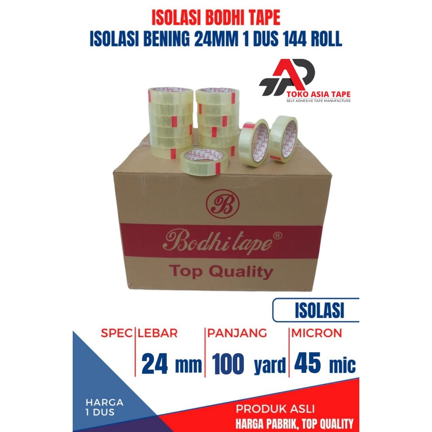 Jual ISOLASI / SELOTIP BENING BODHI TAPE 24MM X 100YARD 1 DUS ISI 144 ...