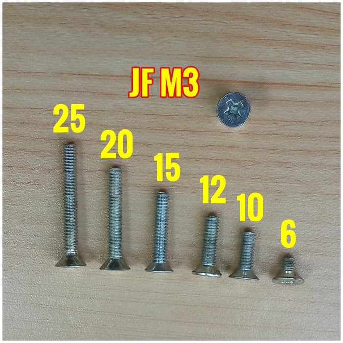 Jual 100Pcs Baut JF M3 x 6 10 12 15 20 25 30 mm Cutersink Countersunk 3 x kepala Plus | Shopee ...