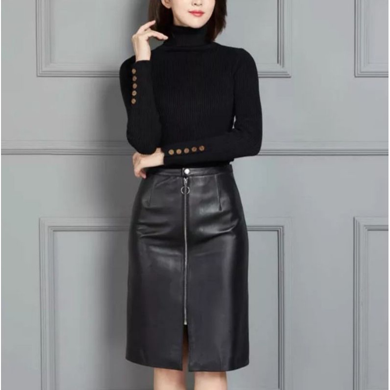 Jual Rok Kulit Sintetis Leather Skirt PU Rok Midi Wanita Selutut Split ...