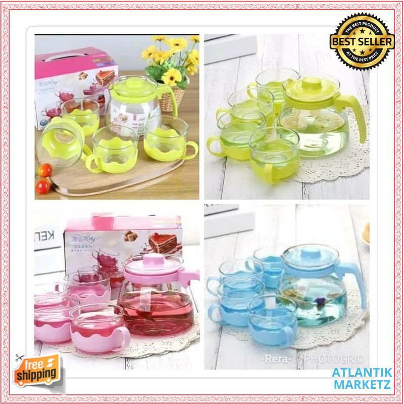 Jual Tea Pot Set Kaca 5 In 1 / 1 Teko Set Kaca / 4 Cangkir Kopi/ Teapot ...