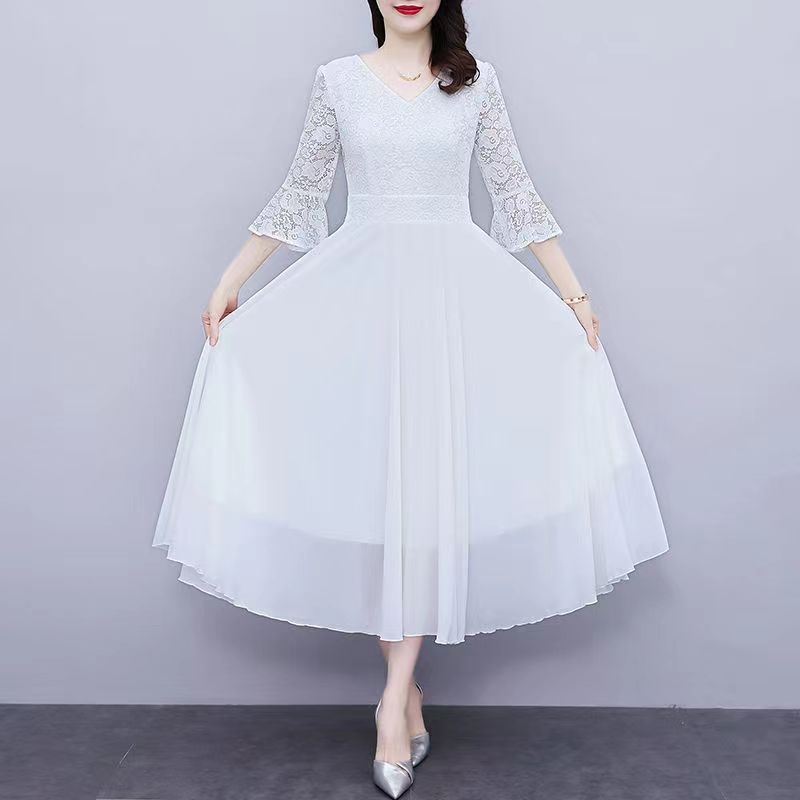 Jual baru gaun renda putih bagian panjang tipis dan ayunan besar rok ...