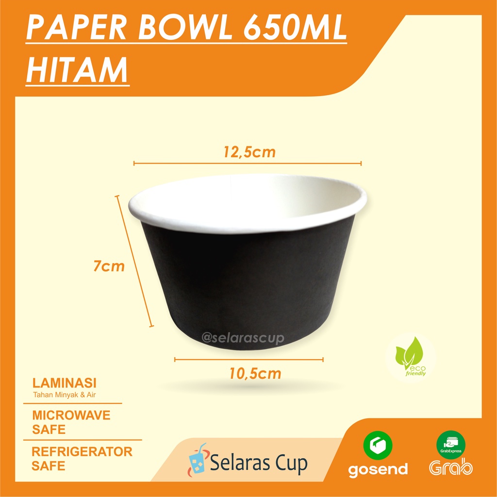 Jual isi 100 paperbowl 650ml warna hitam dengan tutup - mangkok kertas ...