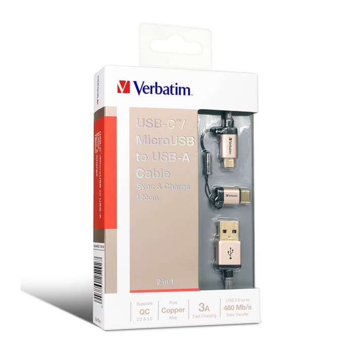 Jual verbatim 120cm Sync & Charge 2 in 1 USB-C™ & Micro USB Cable Gold ...