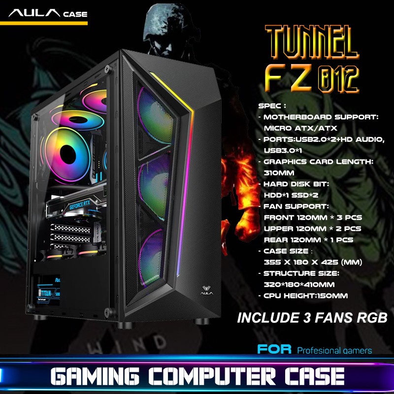 Jual Casing PC Gaming AULA TUNNEL FZ012 include 3 fans RGB -Casing Berkelas | Shopee Indonesia