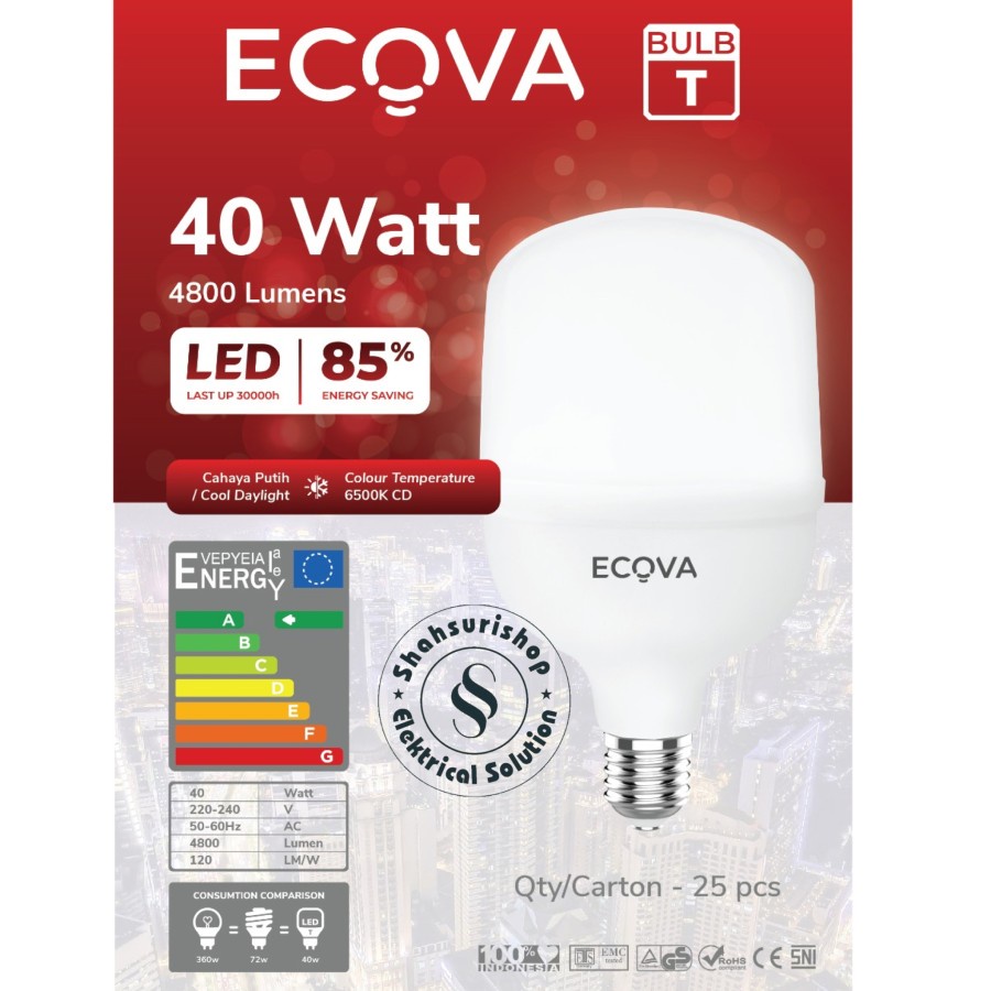 Jual LED BULB ECOVA JUMBO 40WATT 40 WATT T SERIES GARANSI 3 TAHUN SNI ...