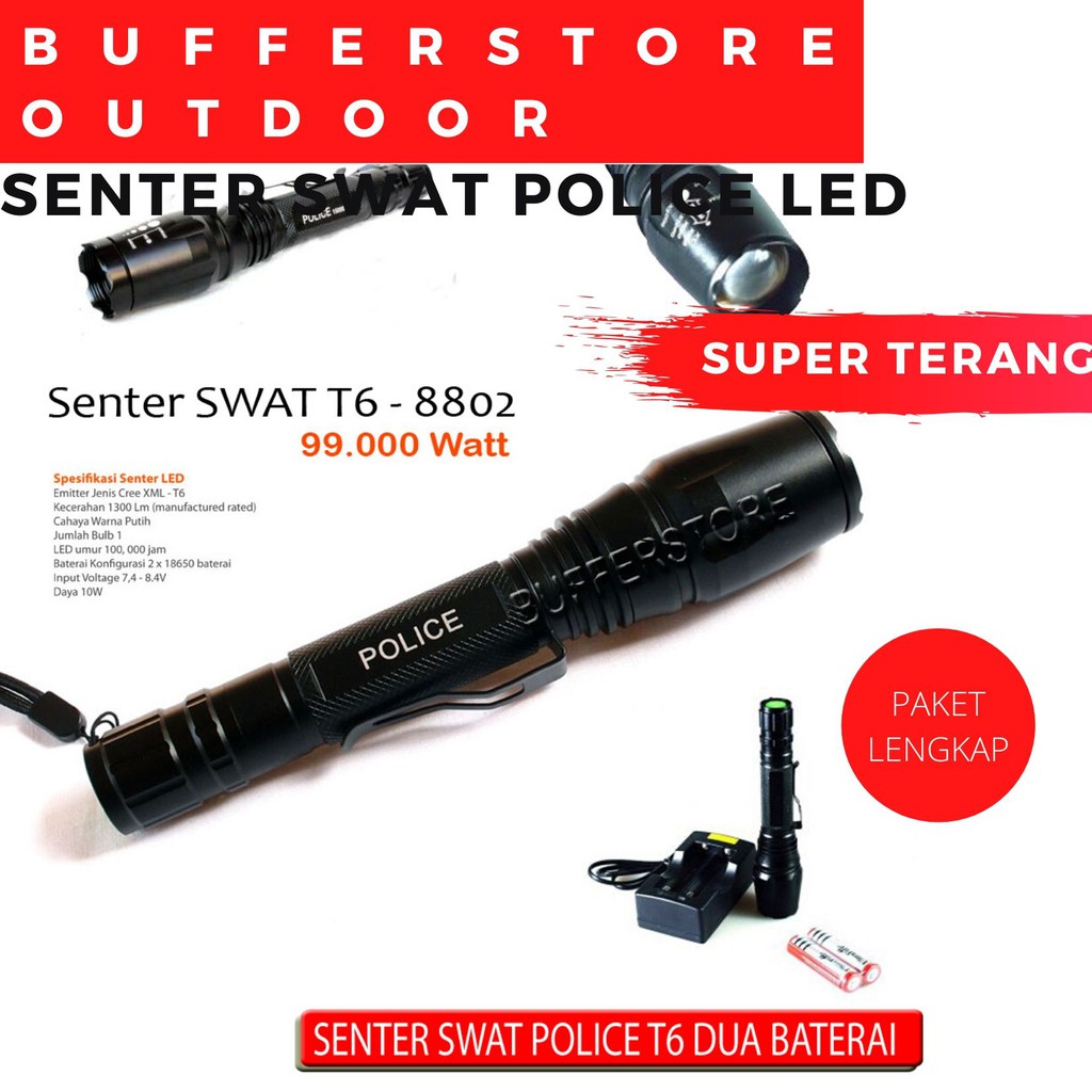 Jual senter police swat led t6 2 baterai lalin 99000 watt | Shopee ...