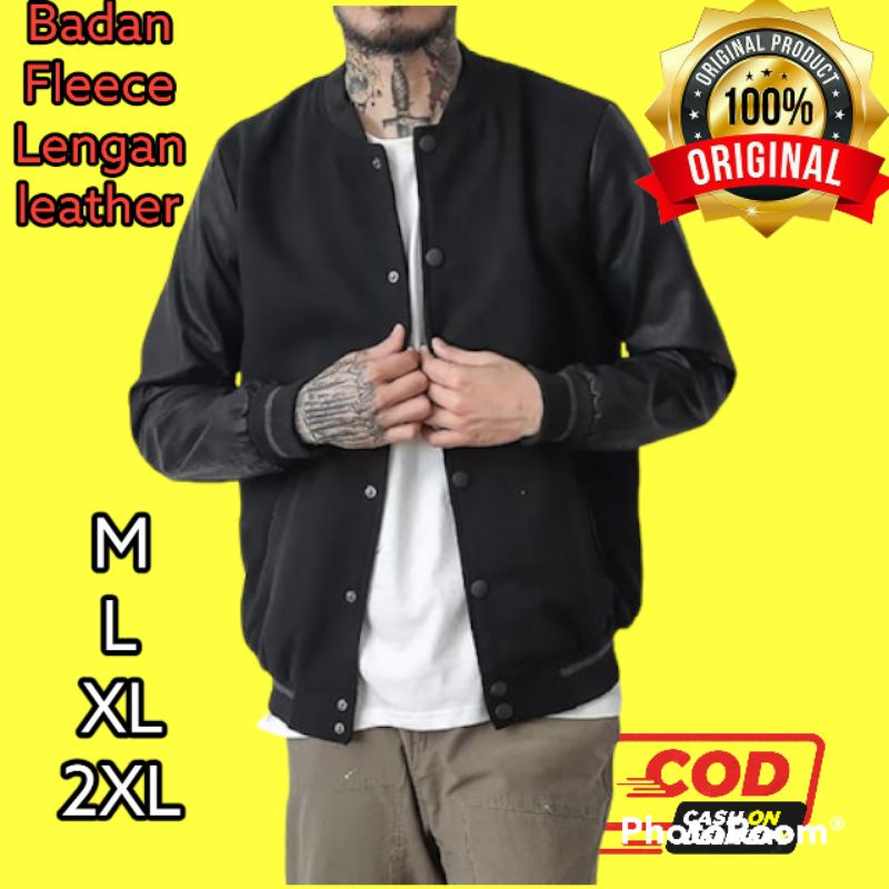 Jual Jaket Varsity Hitam Polos Lengan kulit sintetis jacket sukajan ...