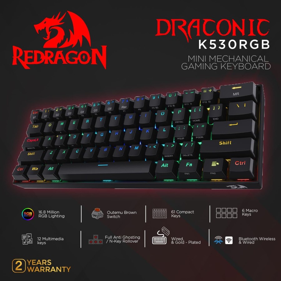 Jual Redragon Dual Mode Mechanical Gaming Keyboard DRACONIC - K530RGB ...