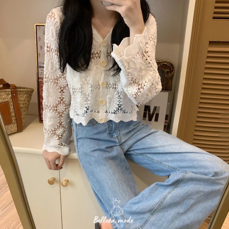 Jual Korean Crochet Cardigan long puffy sleeves top kardigan Korean ...