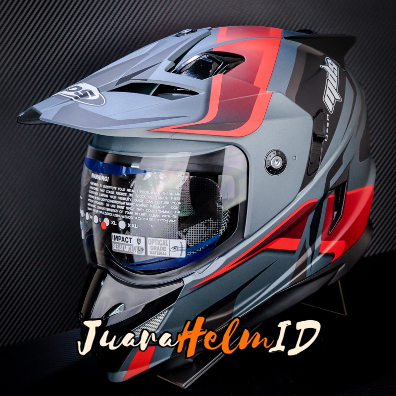 Jual MDS HELM SUPER PRO #2 / ALL GREY MATT RED / SUPERMOTO DOUBLE VISOR ...
