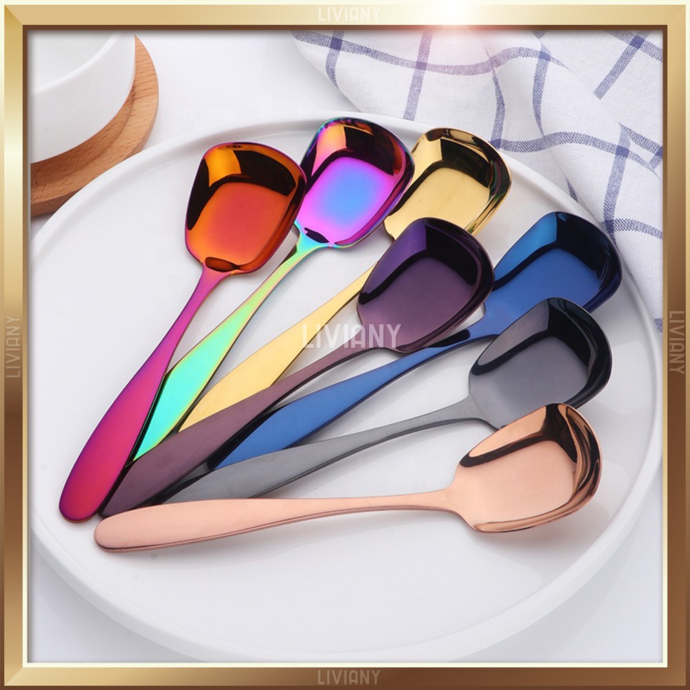 Jual Sendok Makan Soup Stainless Steel Gold Rainbow / Head Flat Spoon ...