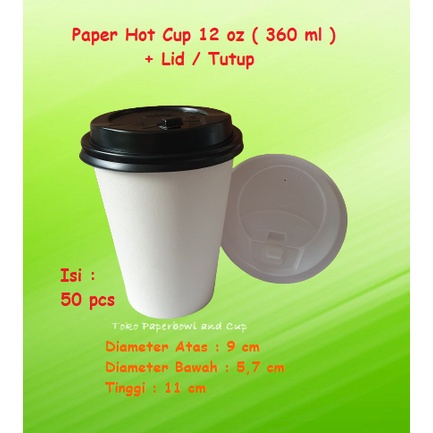 Jual Paket Paper Hot Cup Gelas Kertas 12 oz 360 ml Polos + Tutup Hitam / Putih isi 50 pcs gelas ...