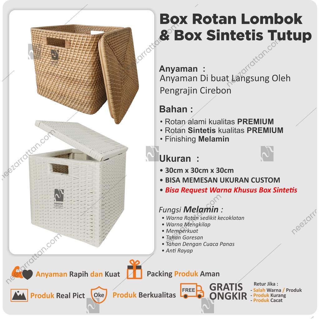 Jual Keranjang Box Rotan Rattan Tutup Anyaman Lombok Box Rotan 30x30x30 ...