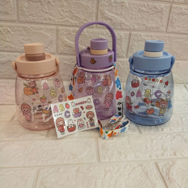 Jual Botol minum gemoy bening sedotan free sticker 2D dan tali panjang ...