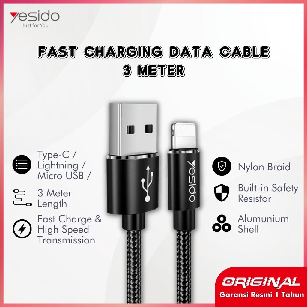 Jual YESIDO Kabel Data Fast Charging Type-C / Lightning / Micro USB 3 ...