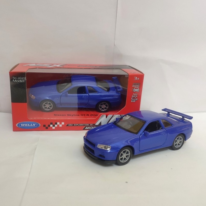Jual Diecast mobil Nissan skyline GT-R R34 Blue Welly Nex skala 1:36 ...