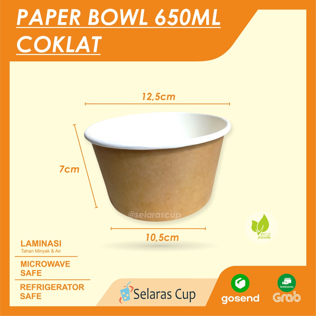 Jual paper bowl ukuran 650 ml warna coklat satu sisi kuat - tahan air bisa untuk kuah berminyak ...