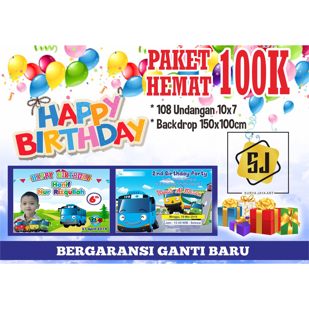 Jual paket ultah / undangan 108 pcs dan backdrop / banner ultah tayo uk ...