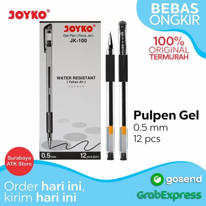 Jual Bulpen Joyko JK-100 Black 0.5 mm 12 Pcs Gel Pen Pulpen Pena Bolpoin Hitam Biru Merah ...